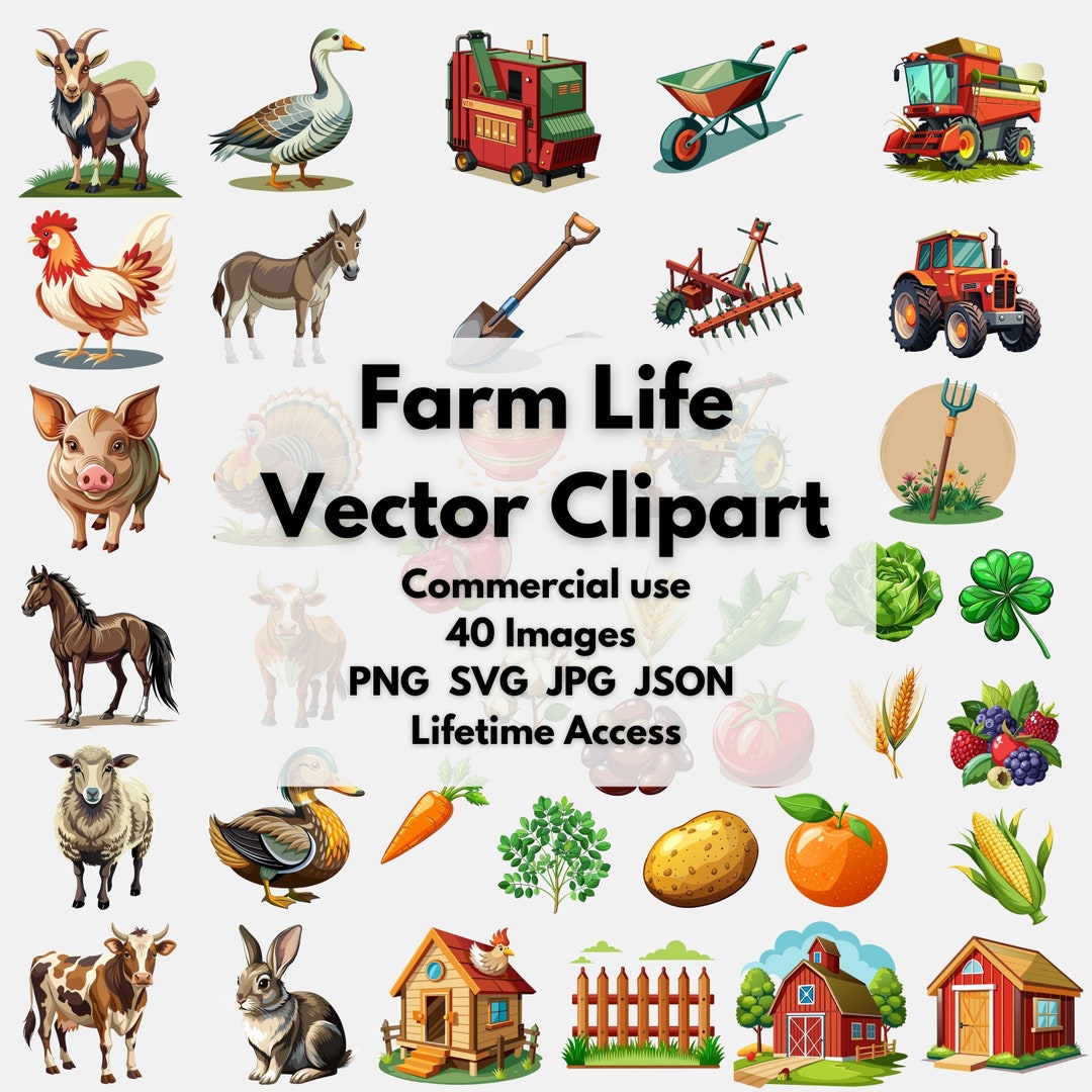 Farm Life Cartoon Farm Animals Clipart Bundle 40 Vector Images, Farmer ...
