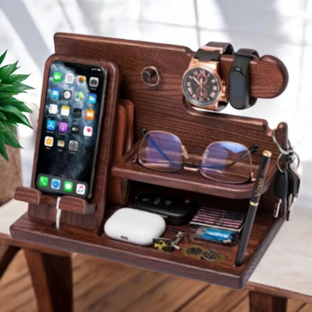 Wooden Desktop Organizer Dock for Cell Phones, Tablets, Wallets and ...