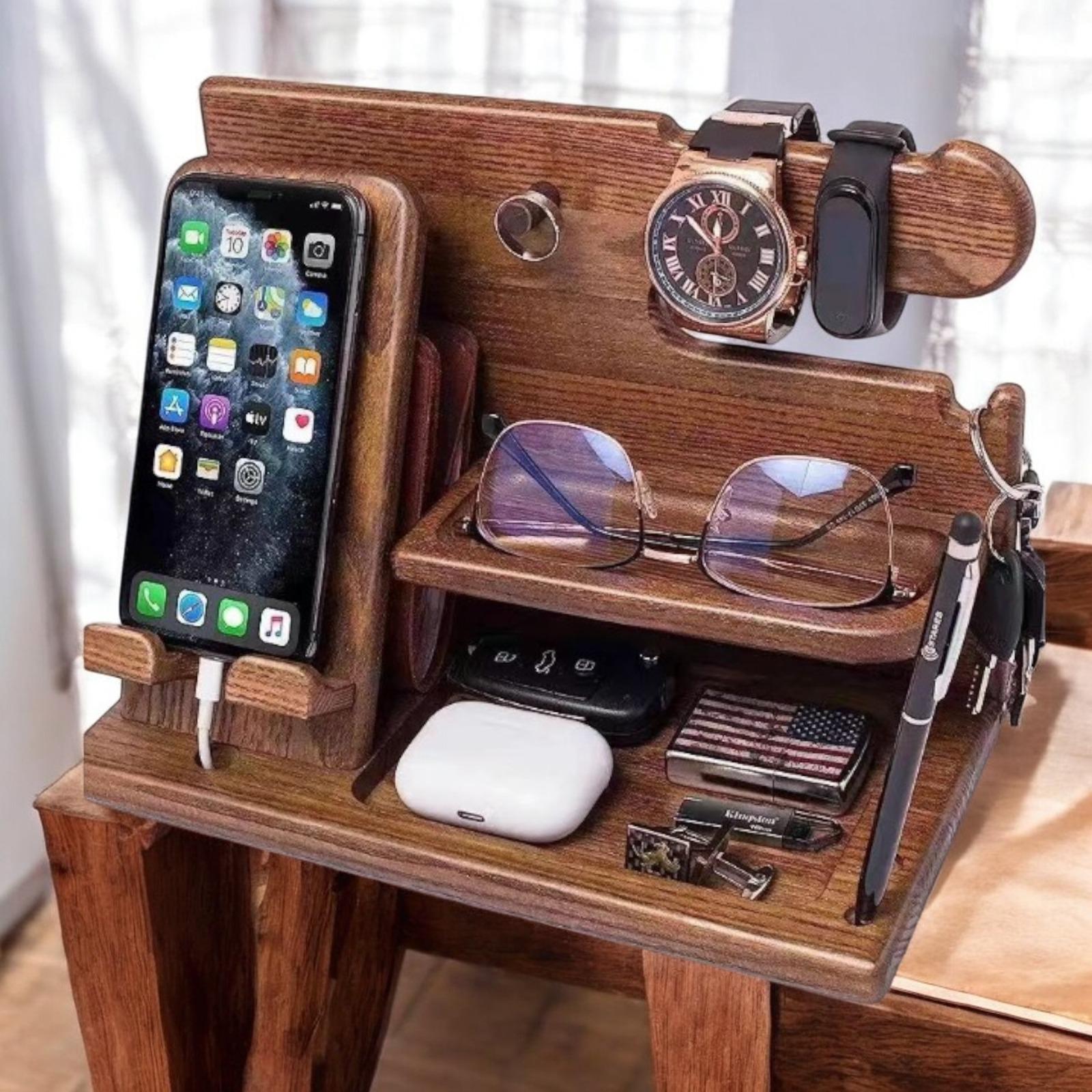 Wooden Desktop Organizer Dock for Cell Phones, Tablets, Wallets and ...