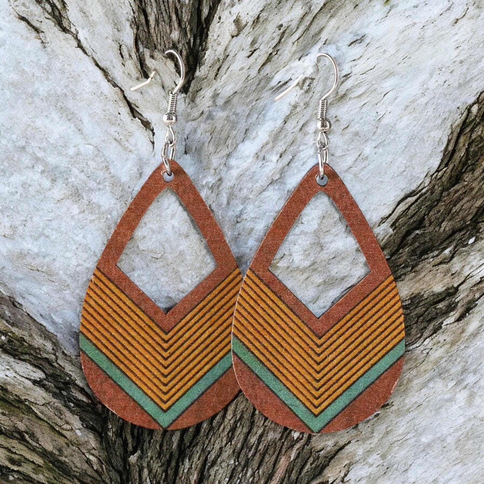 Wood Teardrop Geometric Arrow Pattern Dangling Earrings Retro Turquoise ...