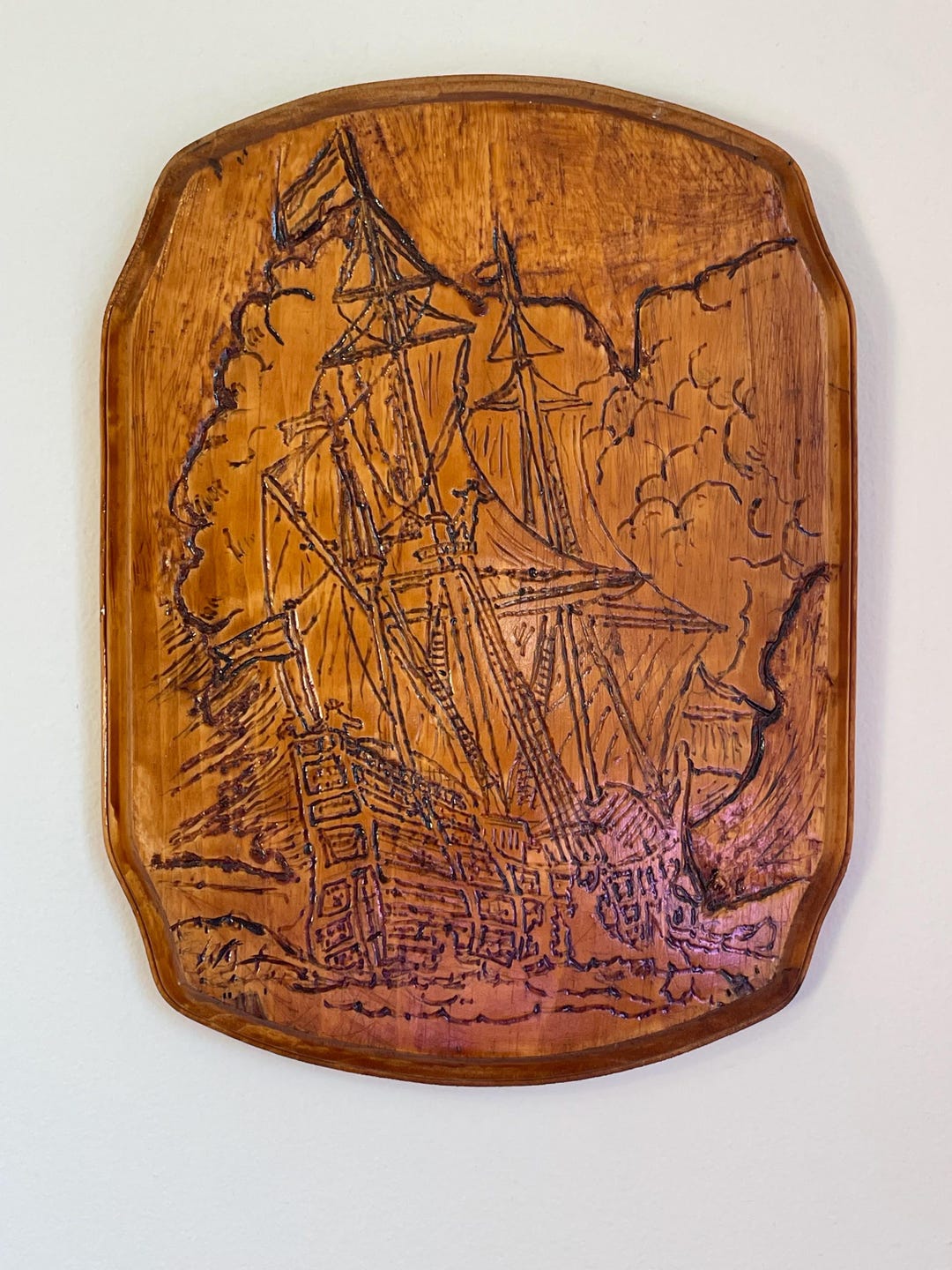 Carved Wooden Ship Wall Hanging - Sail Ship With Waves - Medium Toned ...