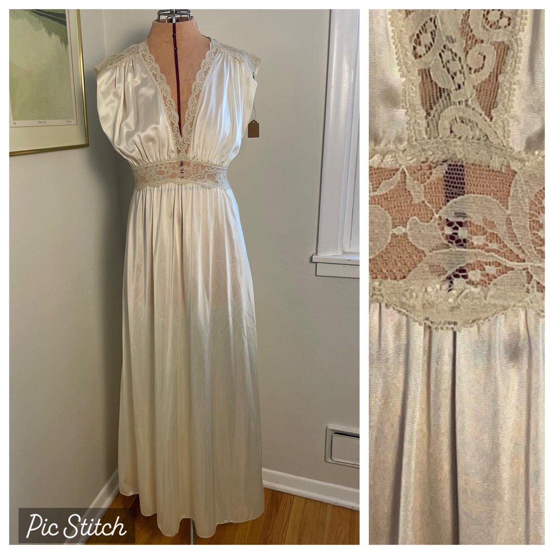 Ivory Olga Brand Satin and Lace Nightgown - 60s 70s Era Nightdress ...
