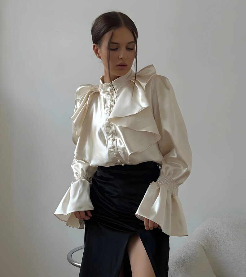 Chic Satin Ruffle Sleeve Blouse for Women, Loose Fit Office Top With ...