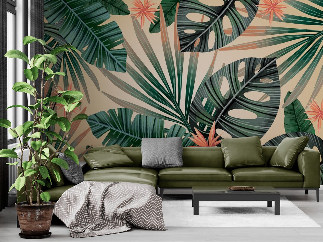 Tropical Large Leaves Mural Self Adhesive Jungle Wallpaper Monstera ...
