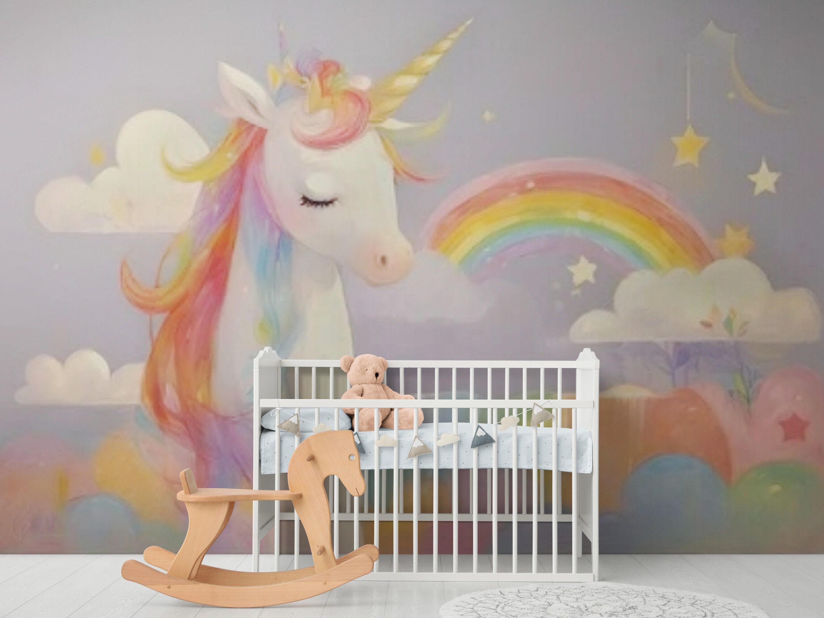 Unicorn Decor Girls Room Wallpaper Adhesive Nursery Rainbow Background Pink Kids Wall Mural Baby ...