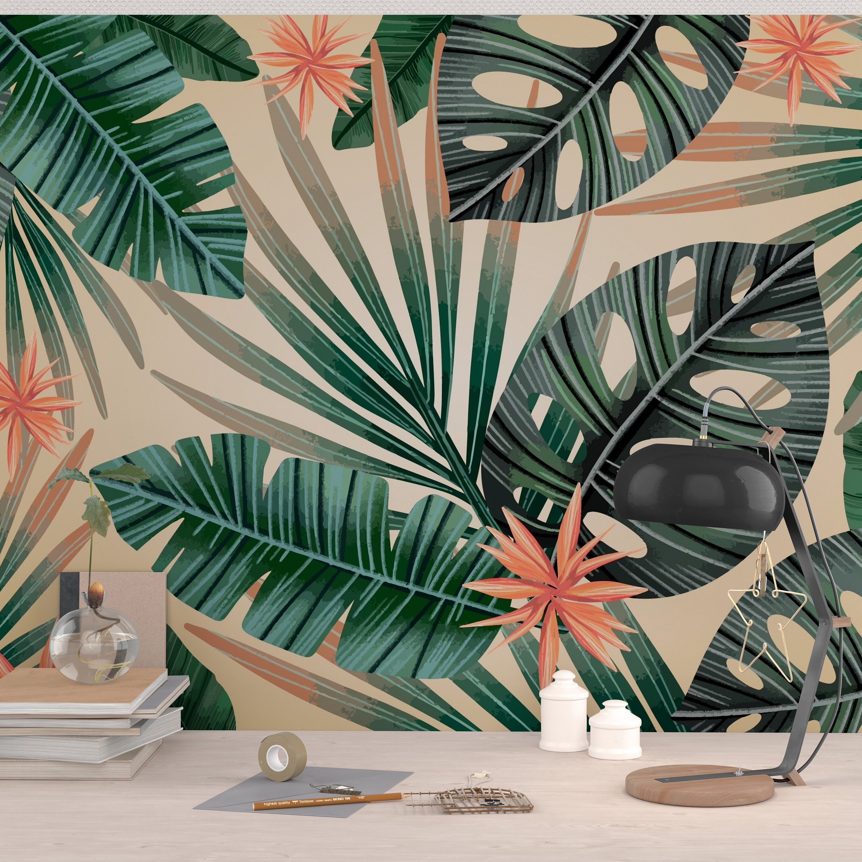 Tropical Large Leaves Mural Self Adhesive Jungle Wallpaper Monstera ...