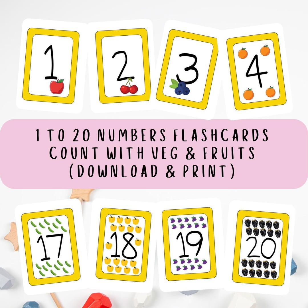 Printable Numbers Flashcards 1-20 | Counting With Fruits & Vegetables ...