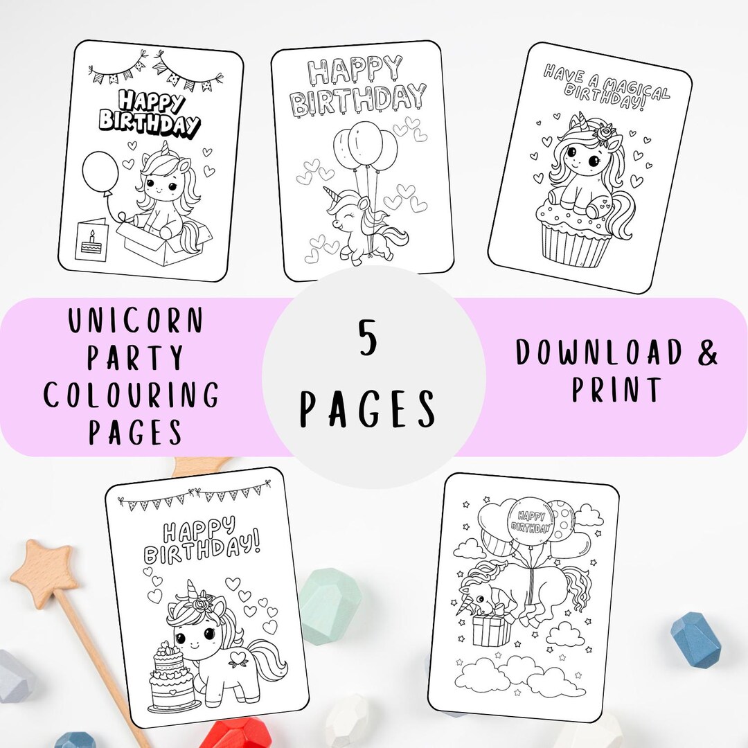 Unicorn Birthday Party Colouring Pages | 5-pages | Unicorn Party ...