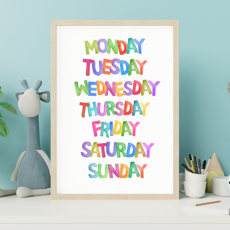 Colourful Days of the Week Poster, Nursery Wall Art, Educational Poster ...