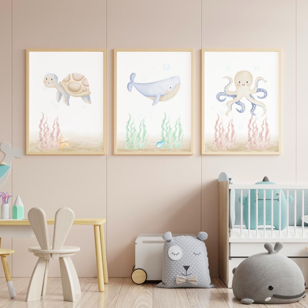 Under the Sea Posters Set of 3 Sea Animals Art Watercolour Prints Cute ...