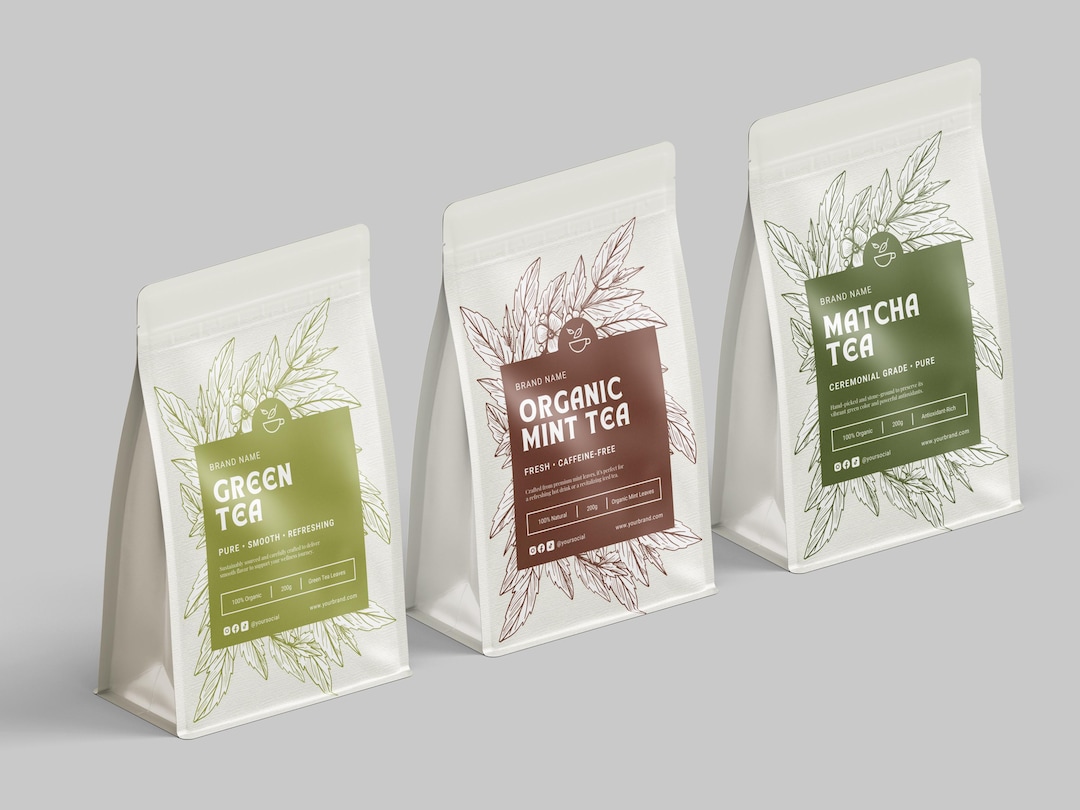 4 Rustic Tea Label Template Canva | Editable Tea Pouch Labels | Kraft ...