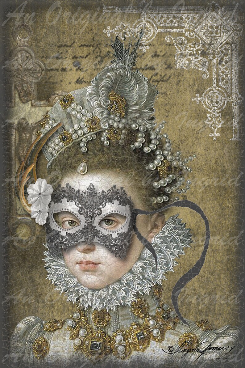 Elizabethan Queen With Mask Digital Collage Greeting Card (suitable for ...