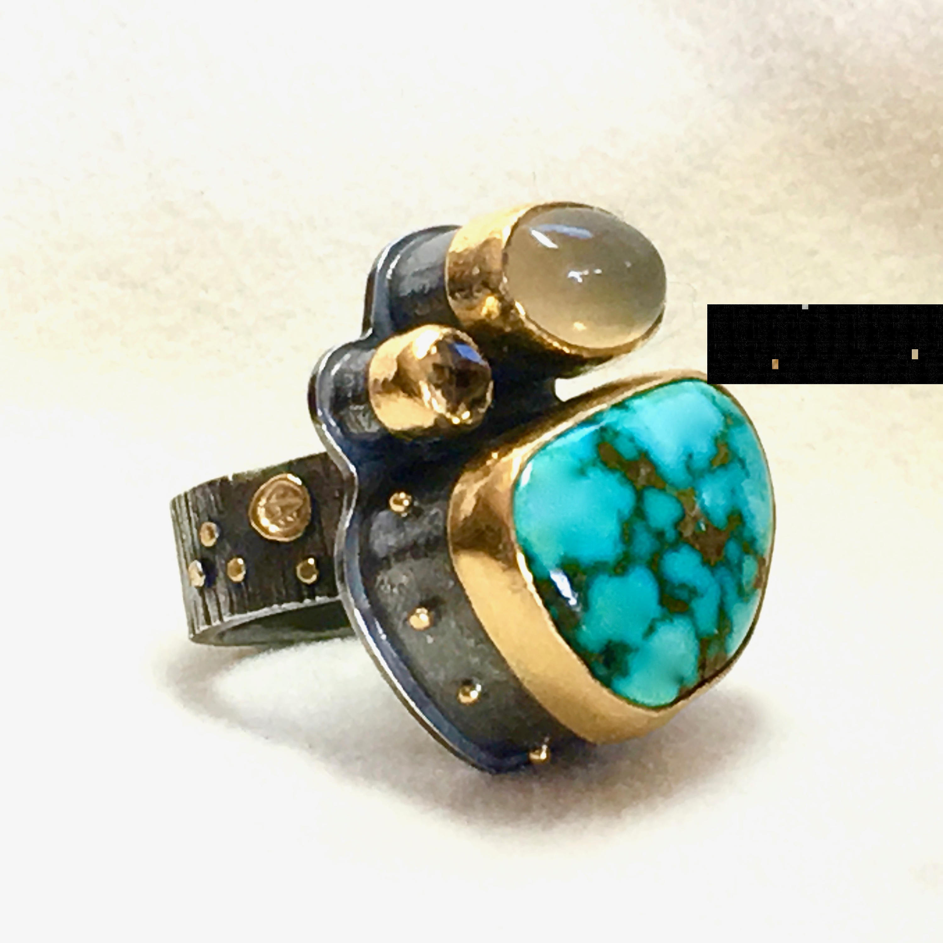 CHUNKY FUNKY Ring With Turquoise, Citrine & Golden Moonstone in ...