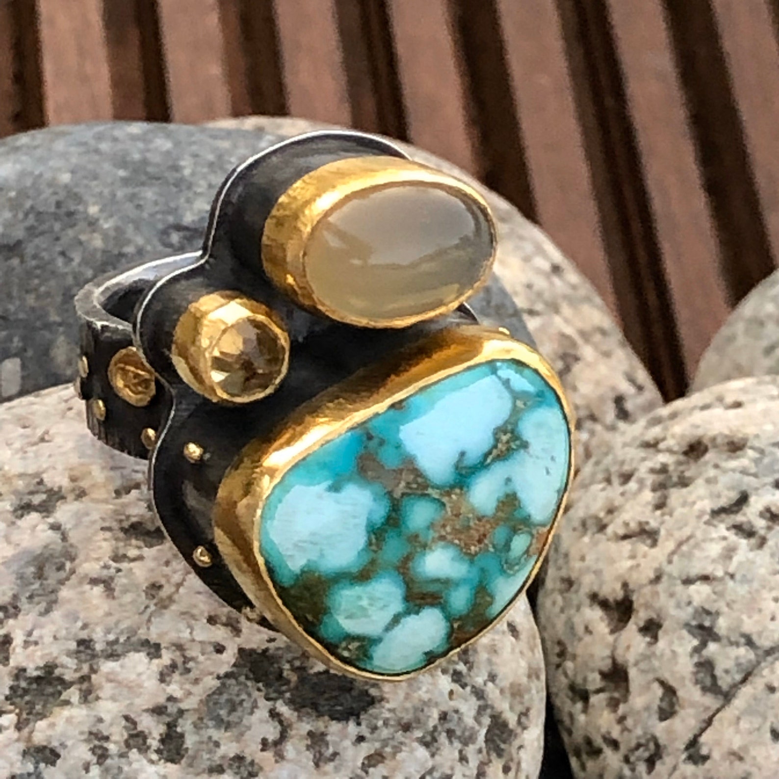 CHUNKY FUNKY Ring With Turquoise, Citrine & Golden Moonstone in ...