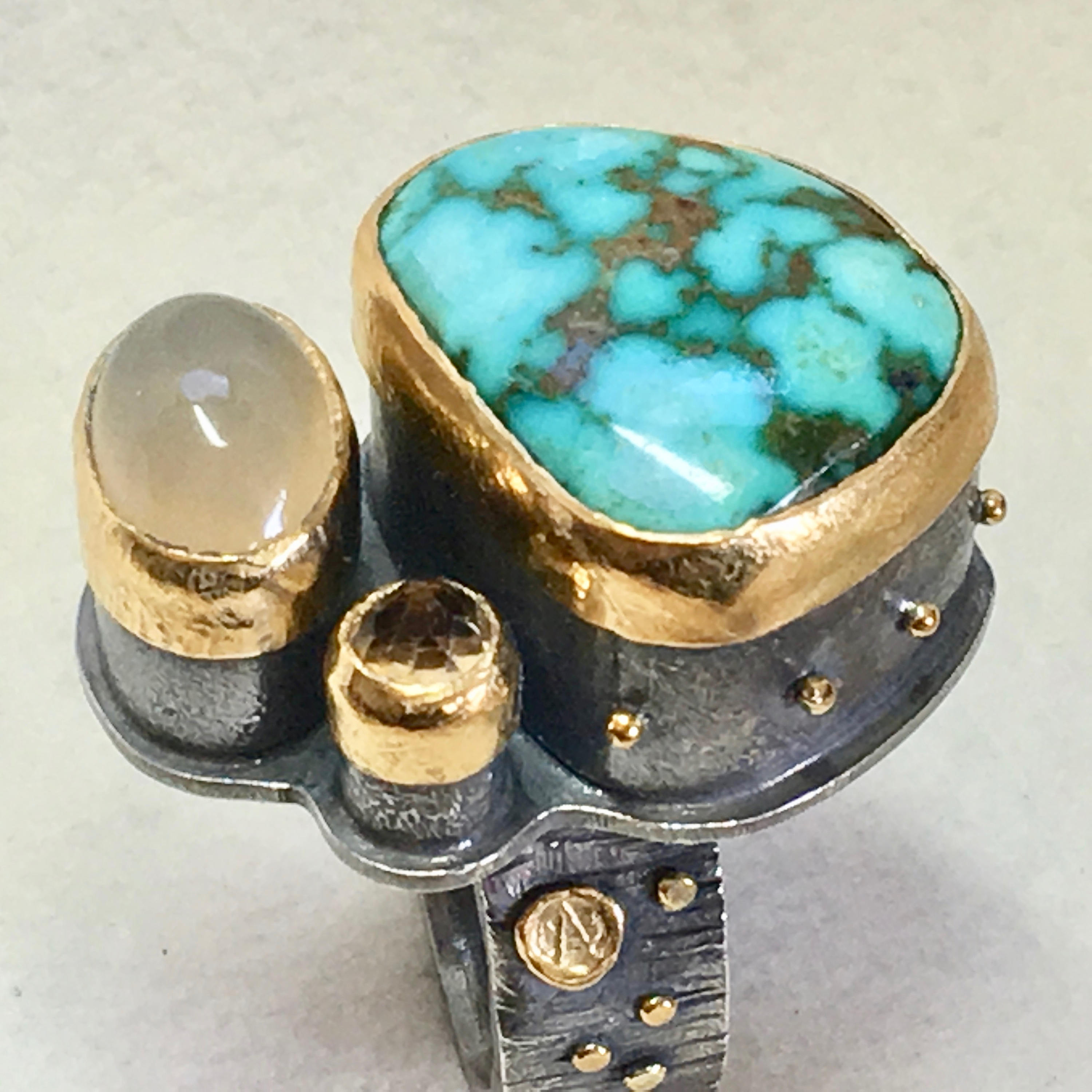 CHUNKY FUNKY Ring With Turquoise, Citrine & Golden Moonstone in ...