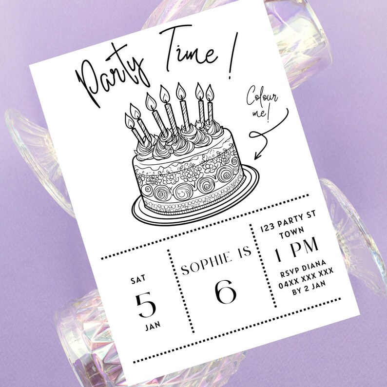 Editable Colouring in Birthday Invitation,1st 2nd 3rd 4th 5th 6th ...