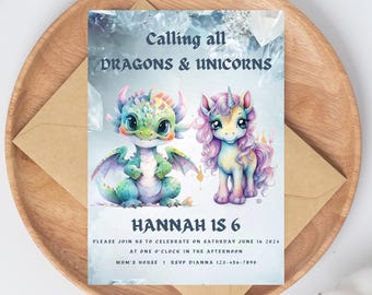 Magical Creatures Invite, Dragon and Unicorn Invitation, Enchanted ...