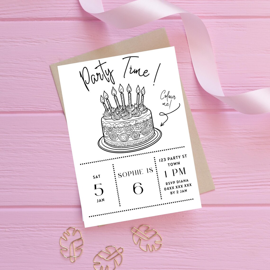 Editable Colouring in Birthday Invitation,1st 2nd 3rd 4th 5th 6th ...