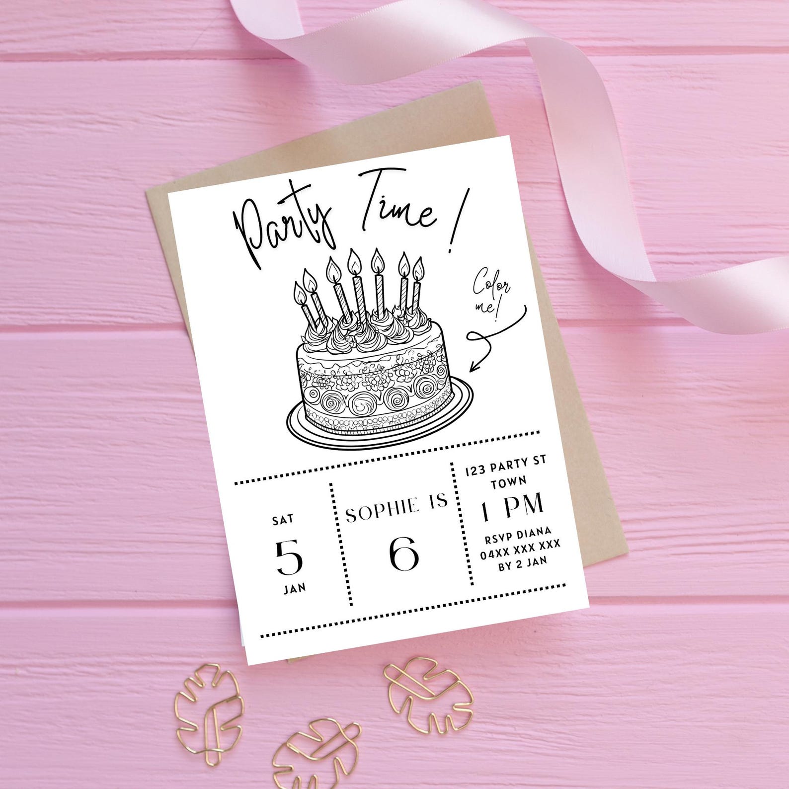 Editable Coloring in Birthday Invitation, 1st 2nd 3rd 4th 5th 6th ...