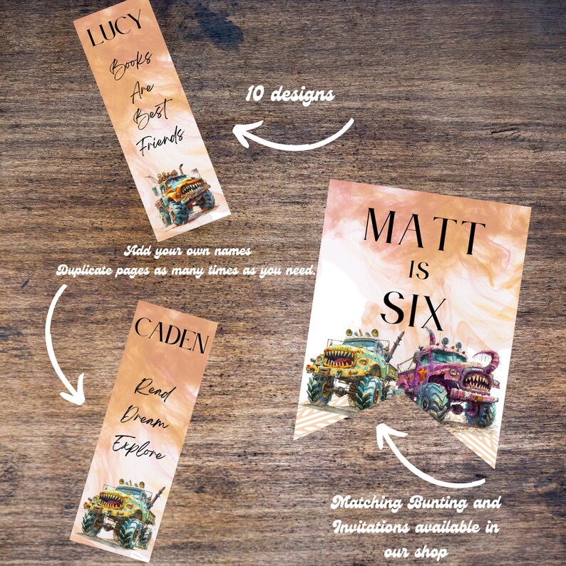Editable Monster Truck Bookmarks - Instant Download for Birthday ...