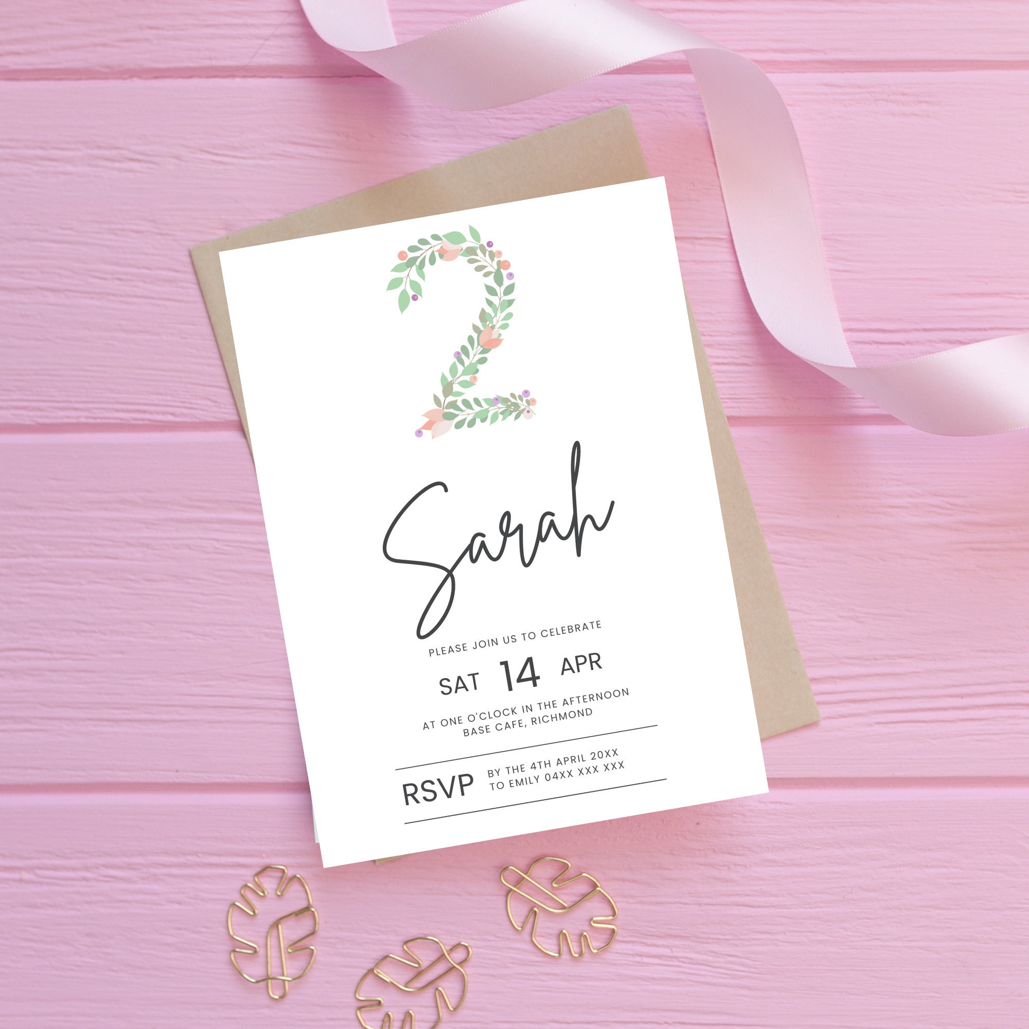 Floral 2nd Birthday Invitation Canva, Floral Invite, Turning Two ...