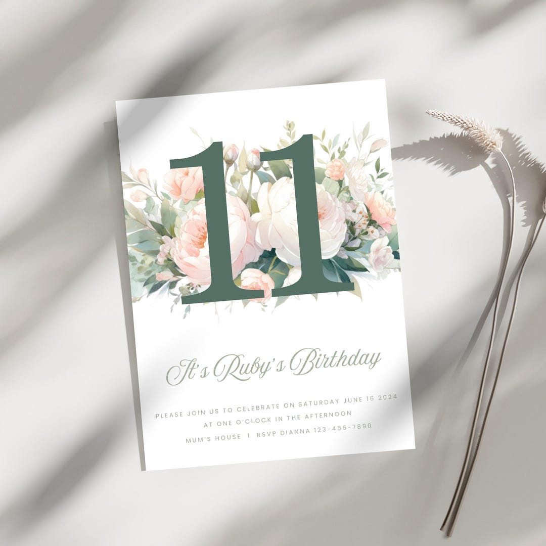 Eleventh Birthday Editable INSTANT DOWNLOAD, Floral Theme, 11th ...