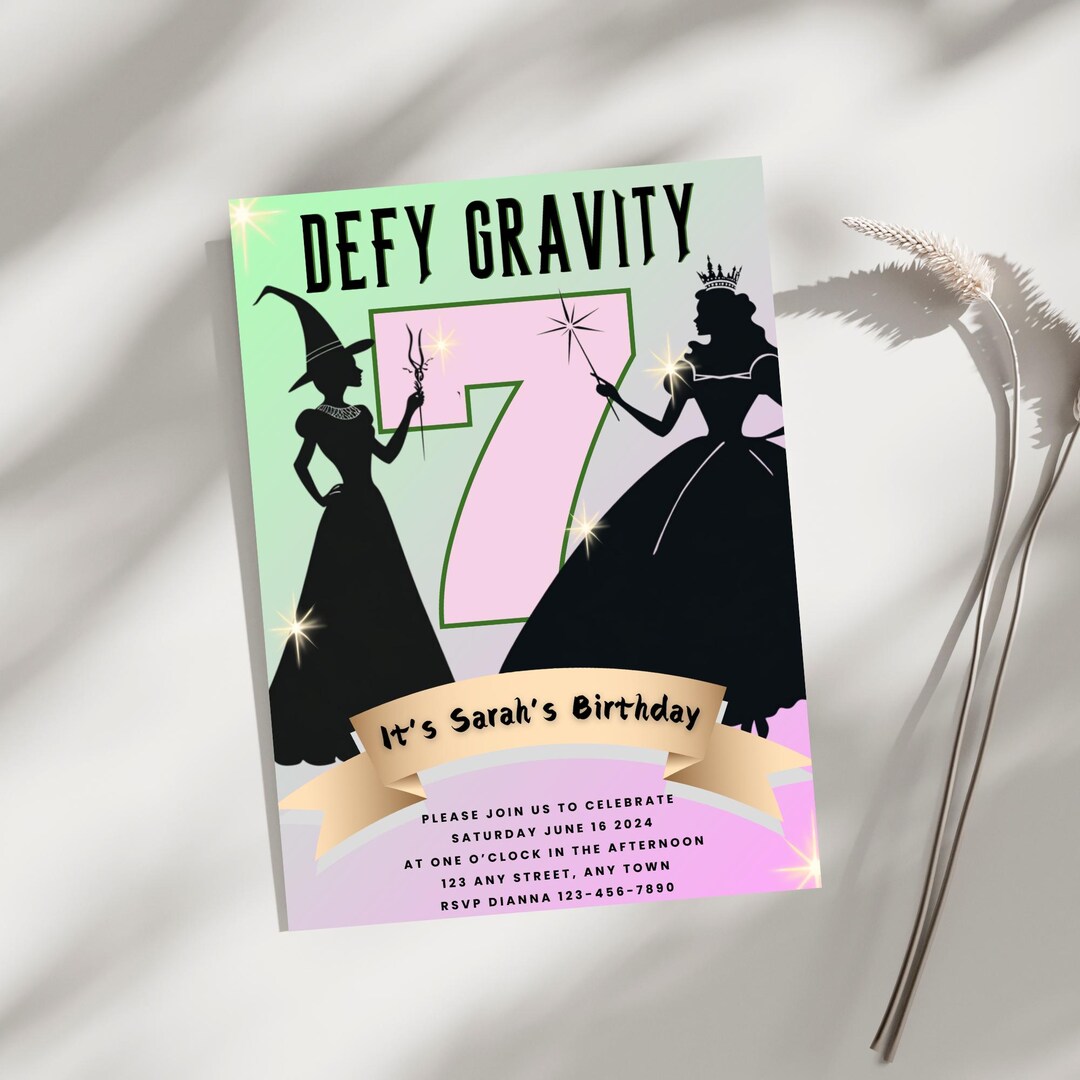 Defy Gravity Invite, Glinda and Elphaba, Green and Pink, Wicked ...