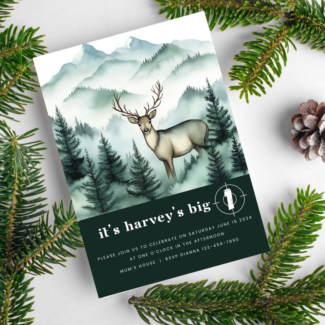Editable Big One Deer Birthday Invitation Hunting Theme Whitetail Deer ...