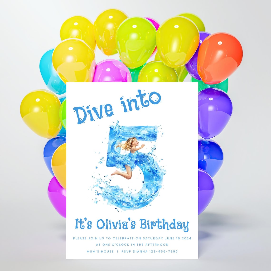 Dive Into Five Birthday Invitation: Girl Pool Party, Editable Canva ...