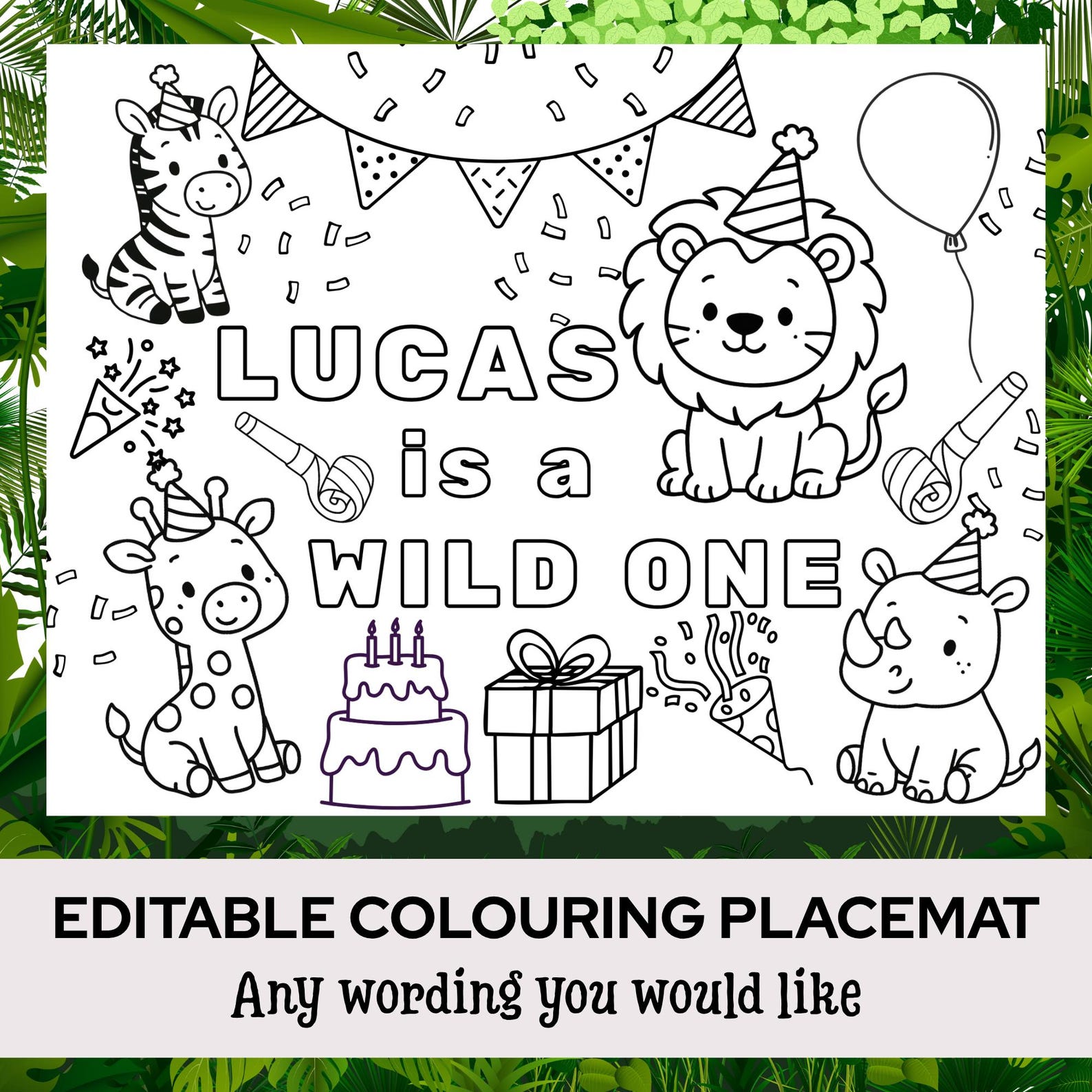 Safari Birthday Coloring Placemat: Editable Jungle Activity (digital ...