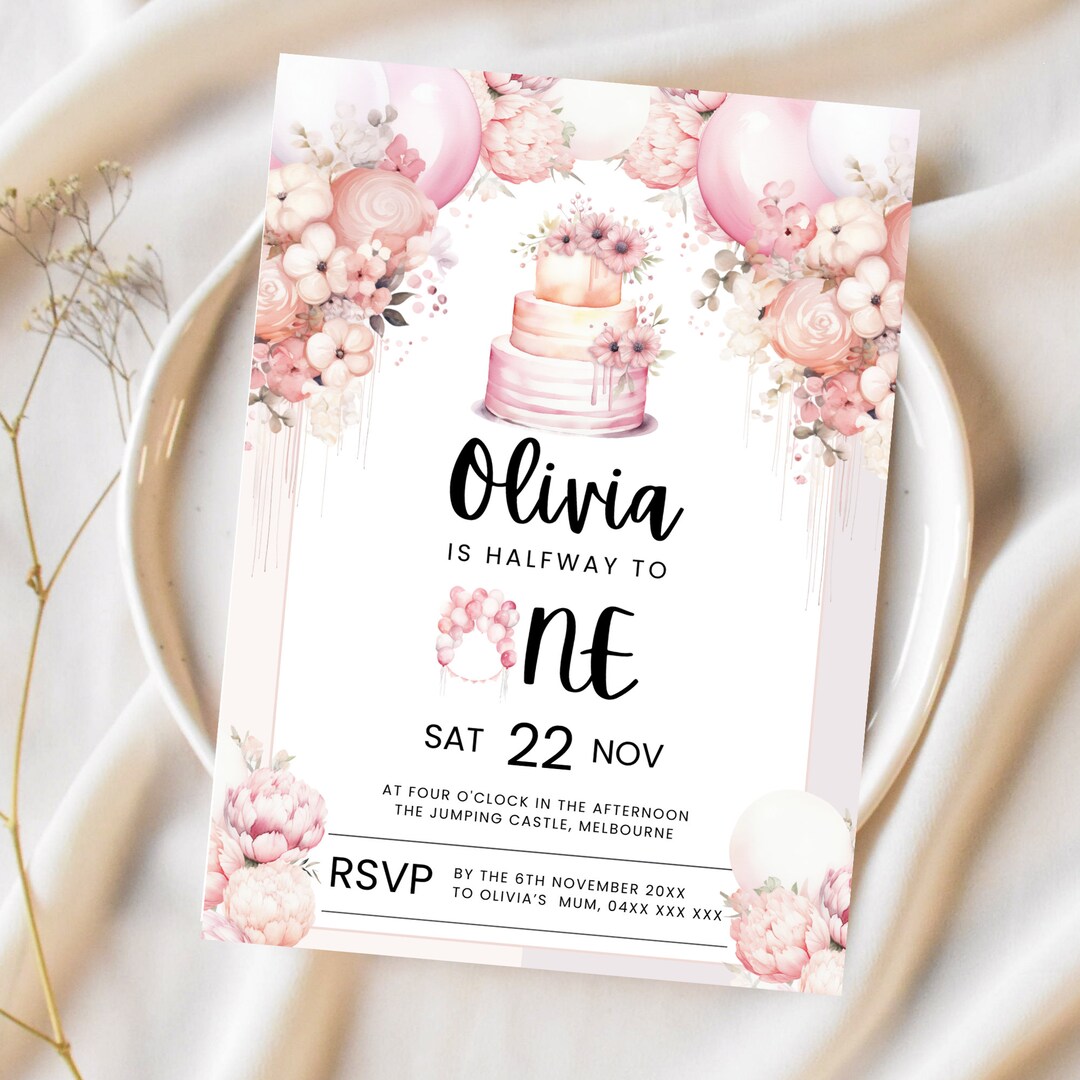 Pink Floral Half Birthday Invitation: Editable Canva Template (digital ...