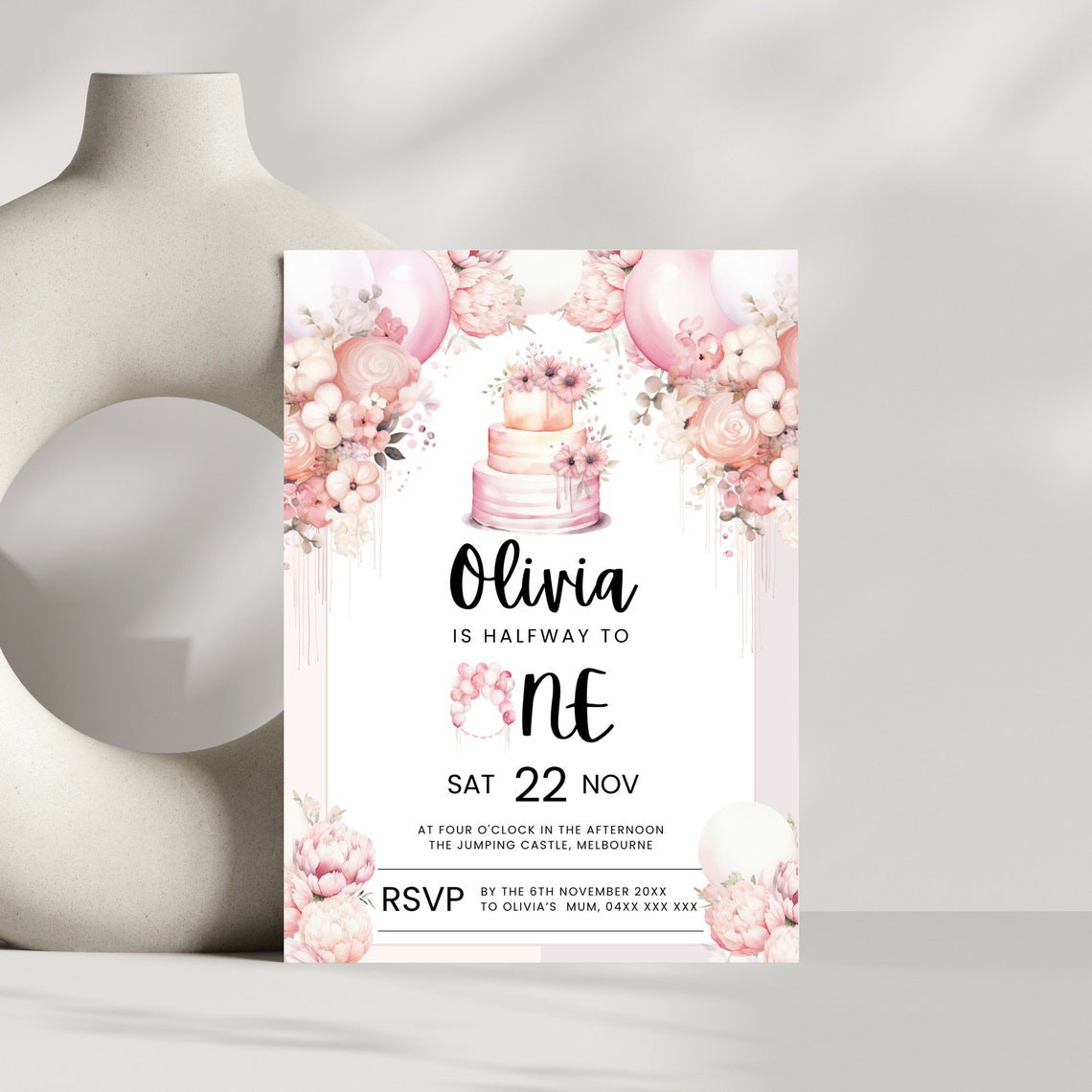 Pink Floral Half Birthday Invitation: Editable Canva Template (digital ...