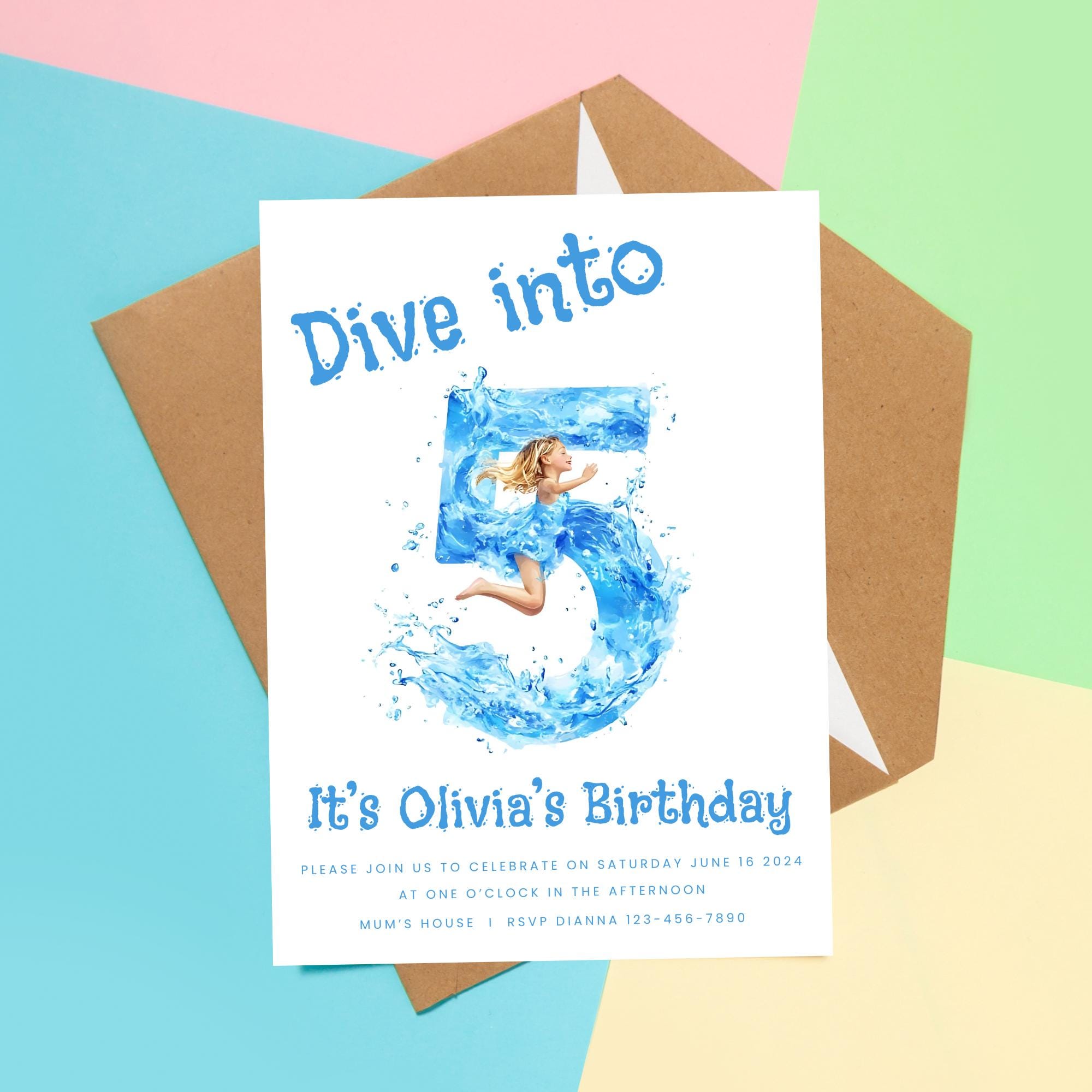 Dive Into Five Birthday Invitation: Girl Pool Party, Editable Canva ...
