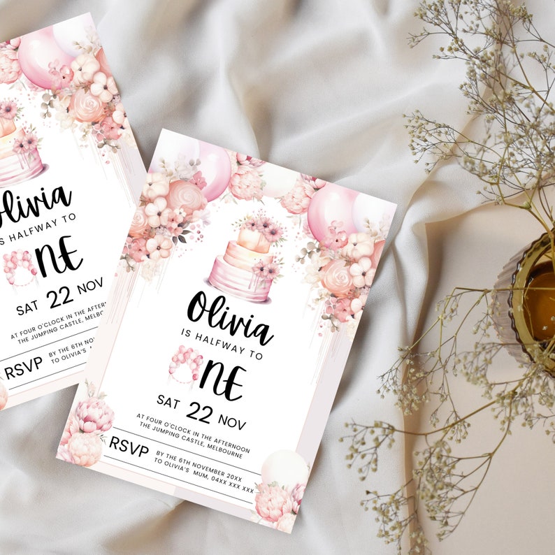 Pink Floral Half Birthday Invitation: Editable Canva Template (digital ...