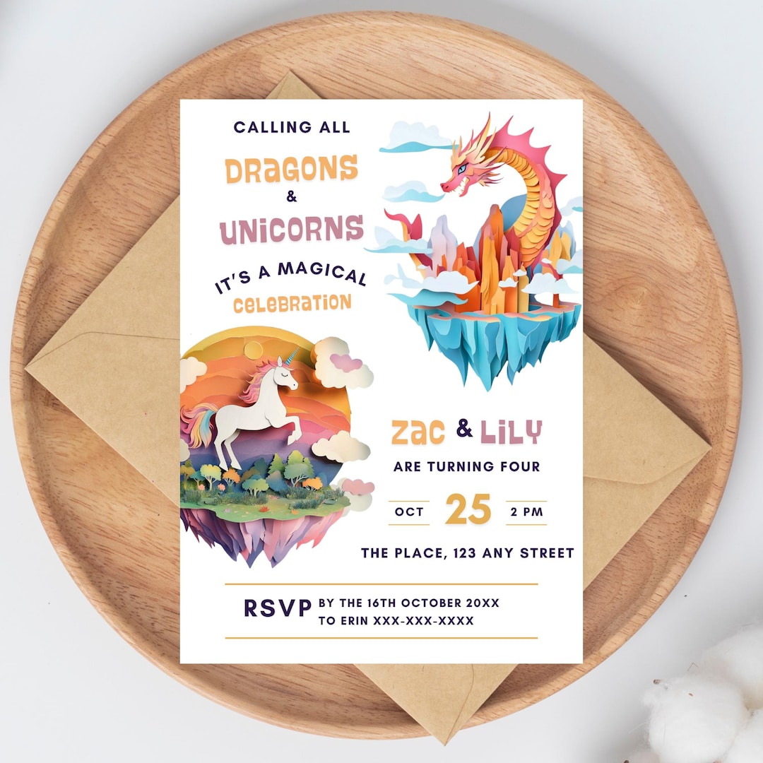 Unicorn and Dragon Birthday Invitation: Paper Cut Style (instant ...