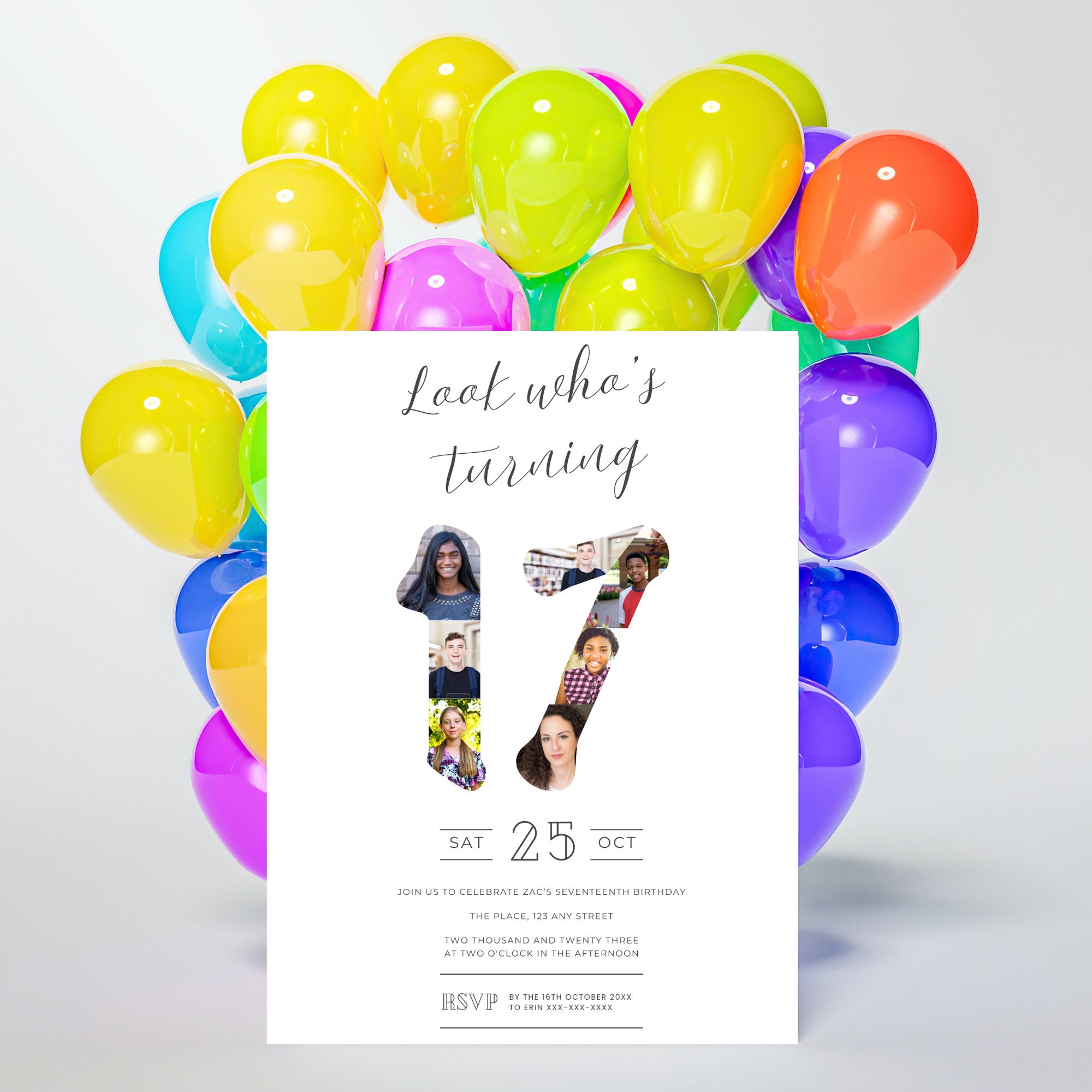 Editable Seventeenth Birthday Invitation, Minimal 17th Birthday Invite ...