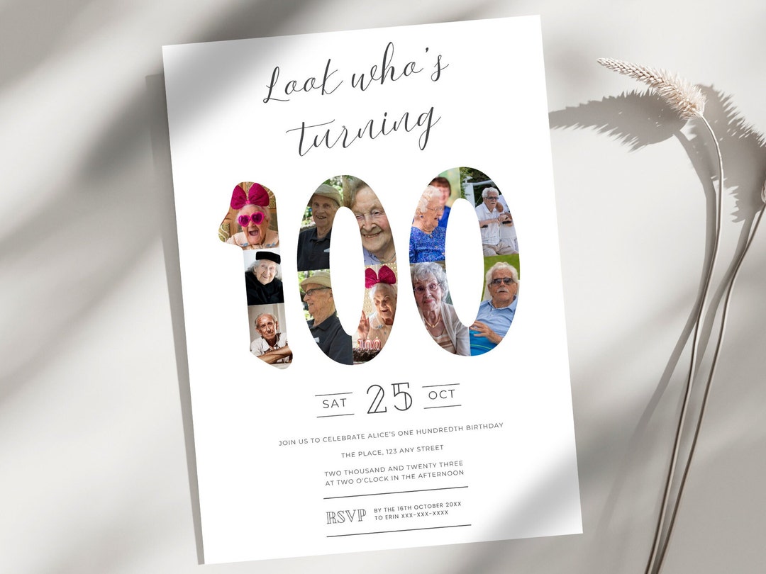 Editable 100th Birthday Invitation, Minimal One Hundredth Birthday ...