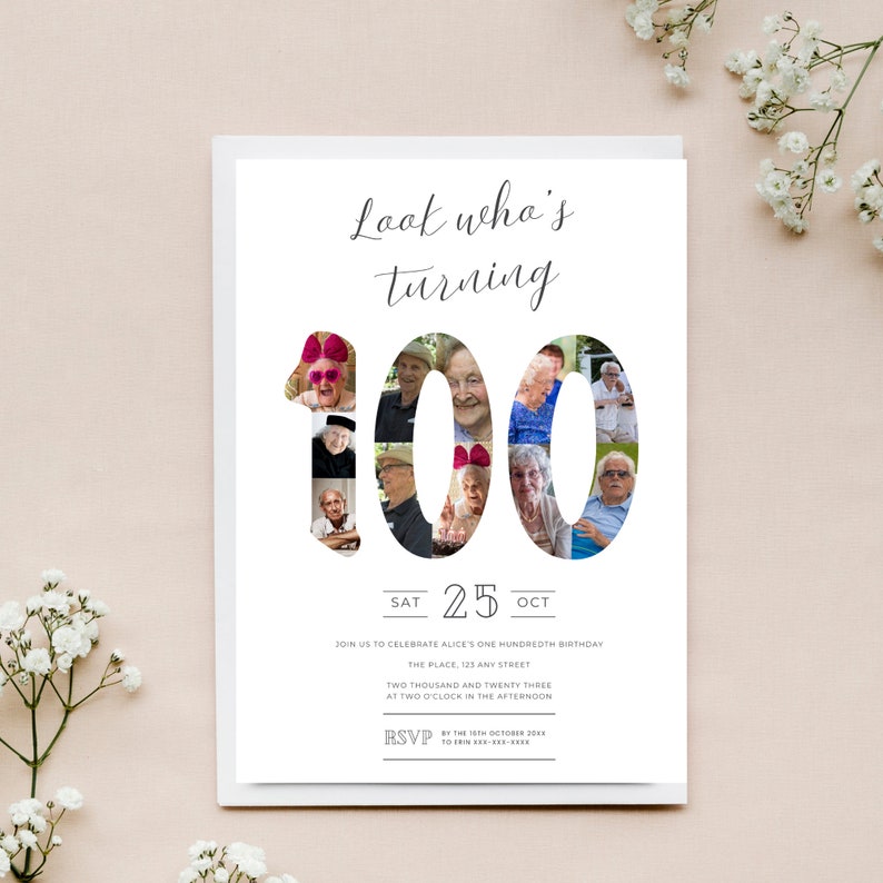 Editable 100th Birthday Invitation, Minimal One Hundredth Birthday ...