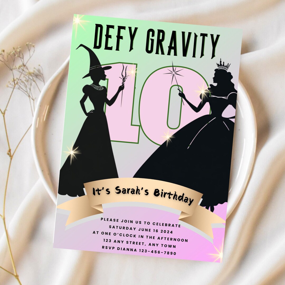 Defy Gravity Invite, Glinda and Elphaba, Green and Pink, Wicked ...