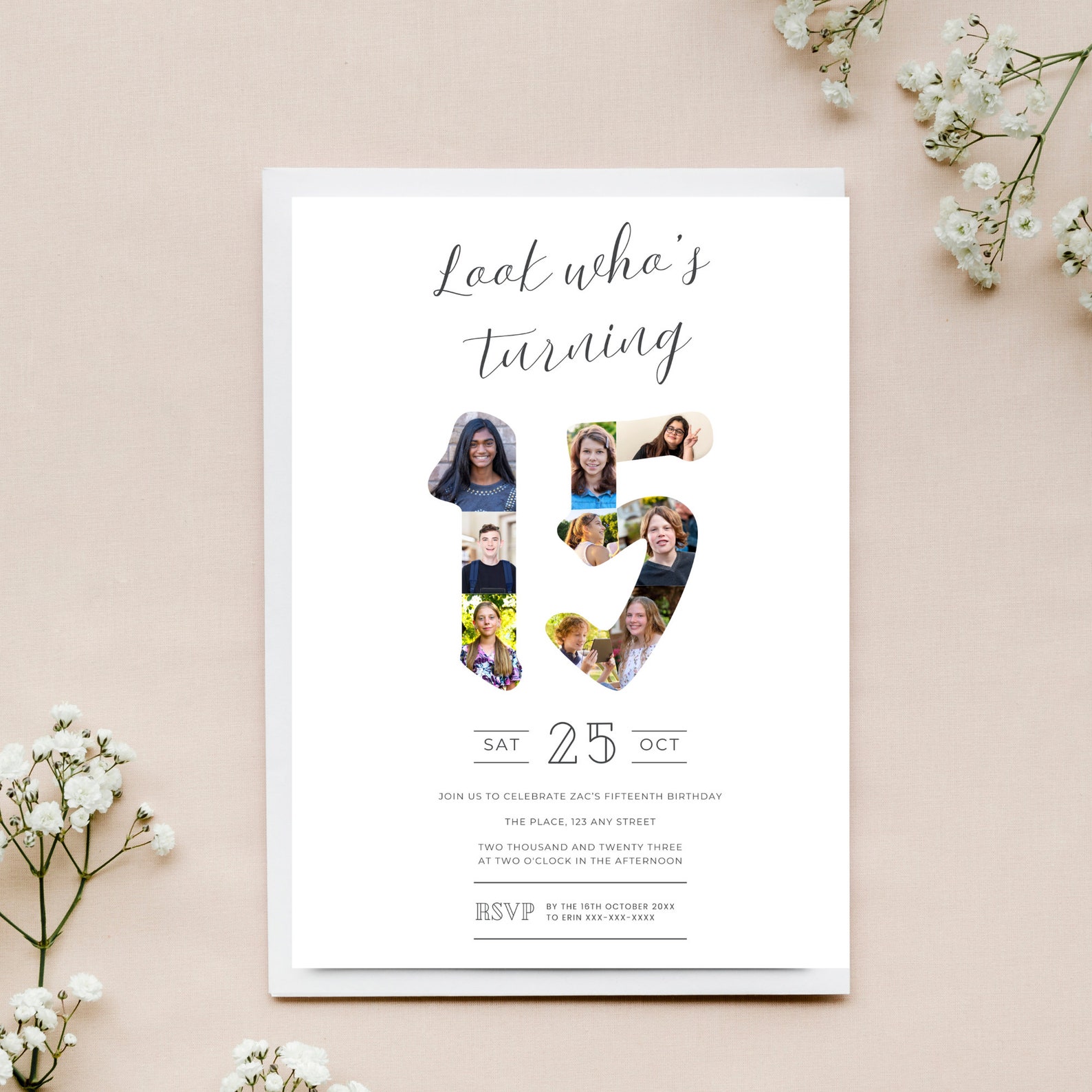 Editable Fifteenth Birthday Invitation, Minimal 15th Birthday Invite ...