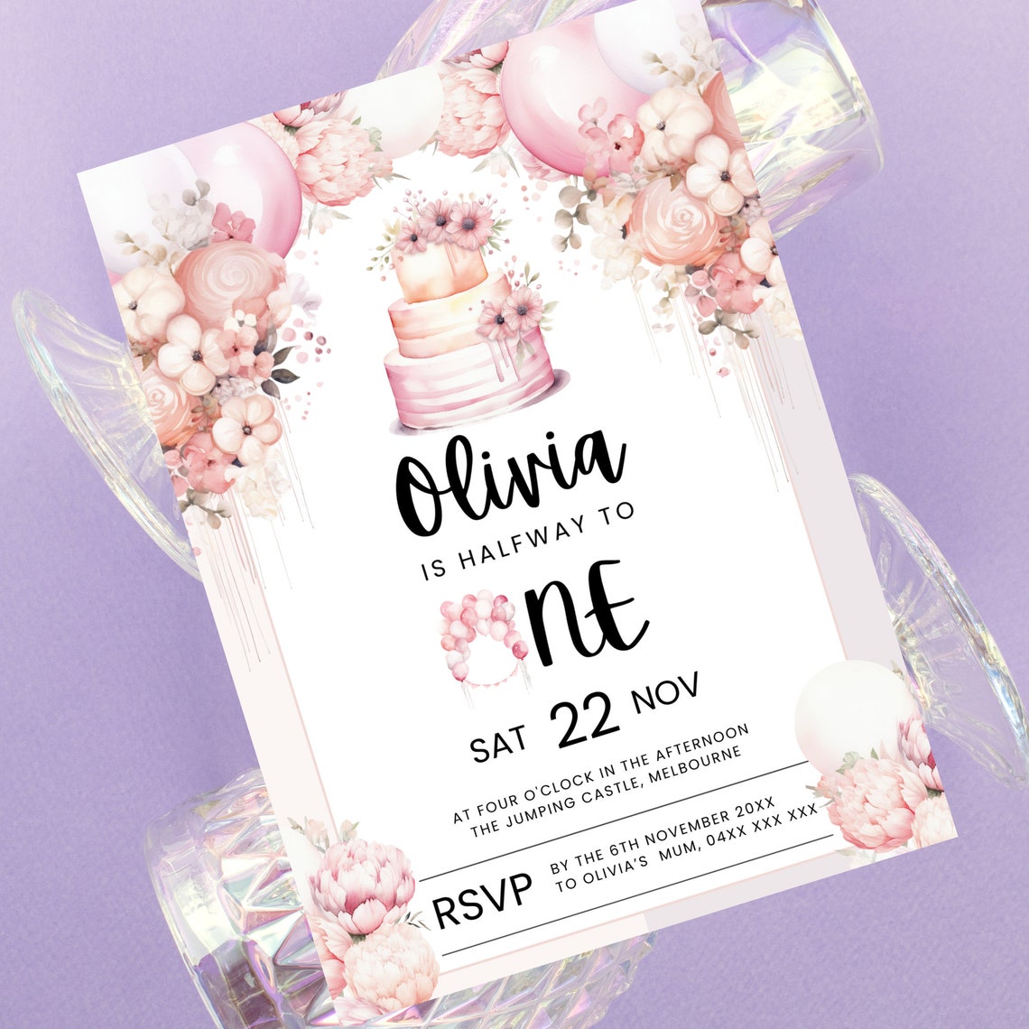 Pink Floral Half Birthday Invitation: Editable Canva Template (digital ...