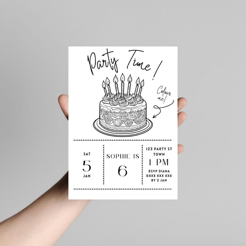 Editable Colouring in Birthday Invitation,1st 2nd 3rd 4th 5th 6th ...