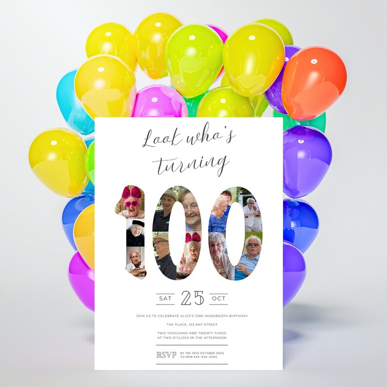 Editable 100th Birthday Invitation, Minimal One Hundredth Birthday ...