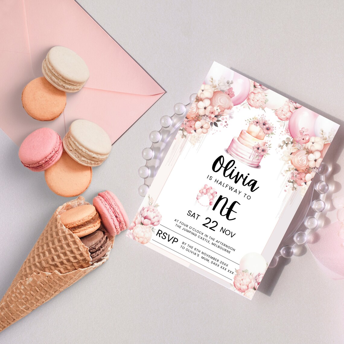 Pink Floral Half Birthday Invitation: Editable Canva Template (digital ...