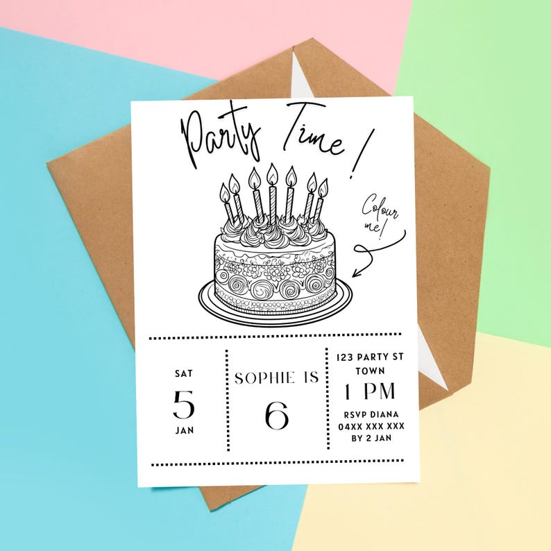 Editable Colouring in Birthday Invitation,1st 2nd 3rd 4th 5th 6th ...