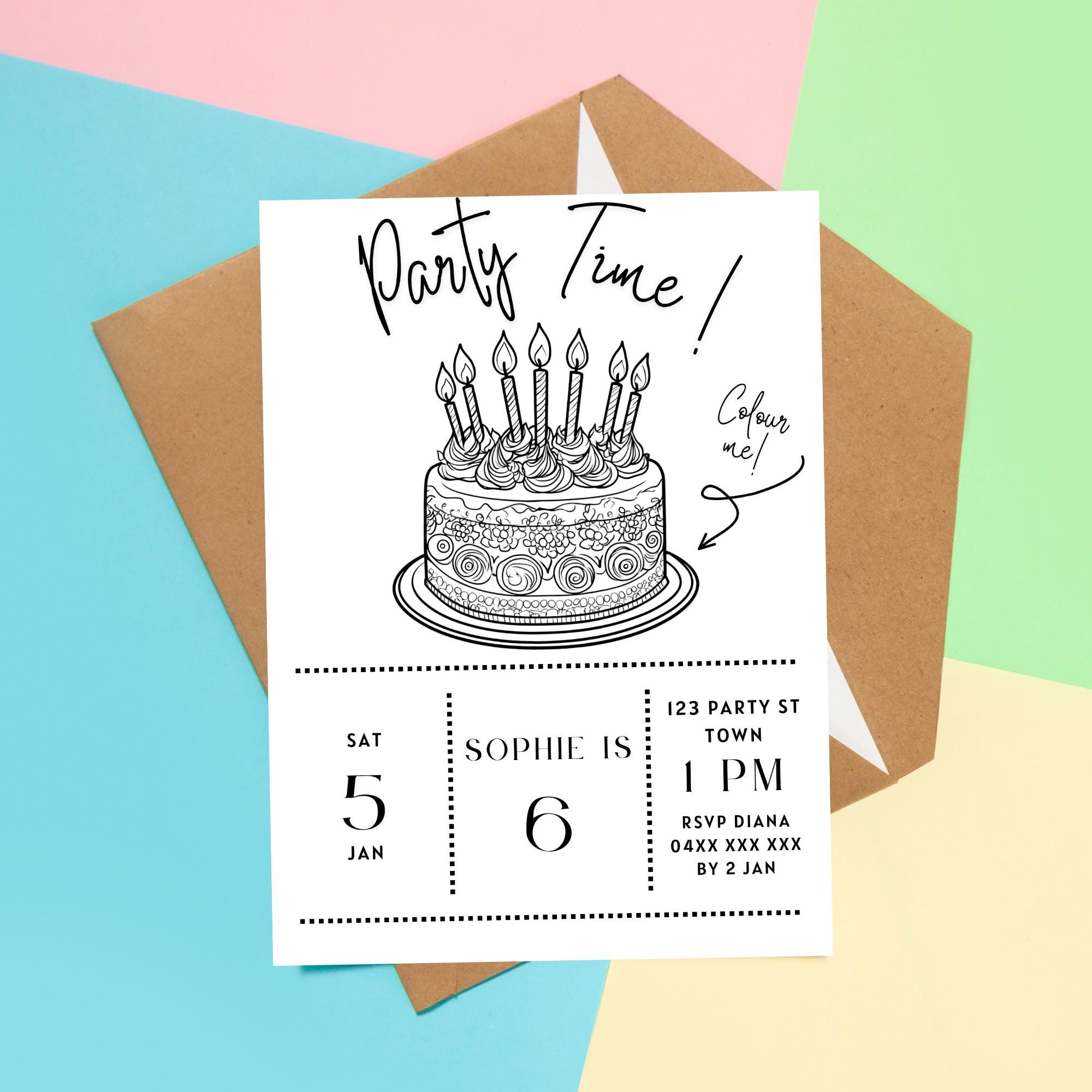 Editable Colouring in Birthday Invitation,1st 2nd 3rd 4th 5th 6th ...