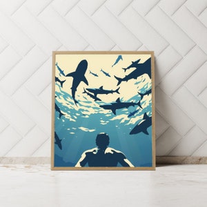 DIGITAL Man Swimming With Sharks Design Illustration Artwork Download ...