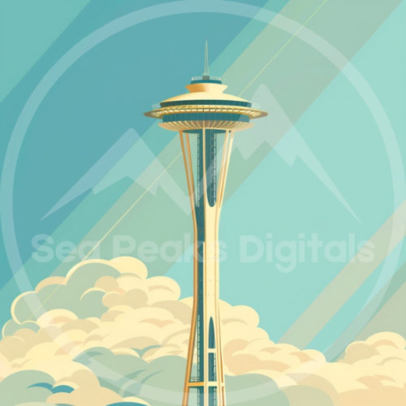DIGITAL Space Needle Seattle WA Flat Poster Design Illustration Artwork ...