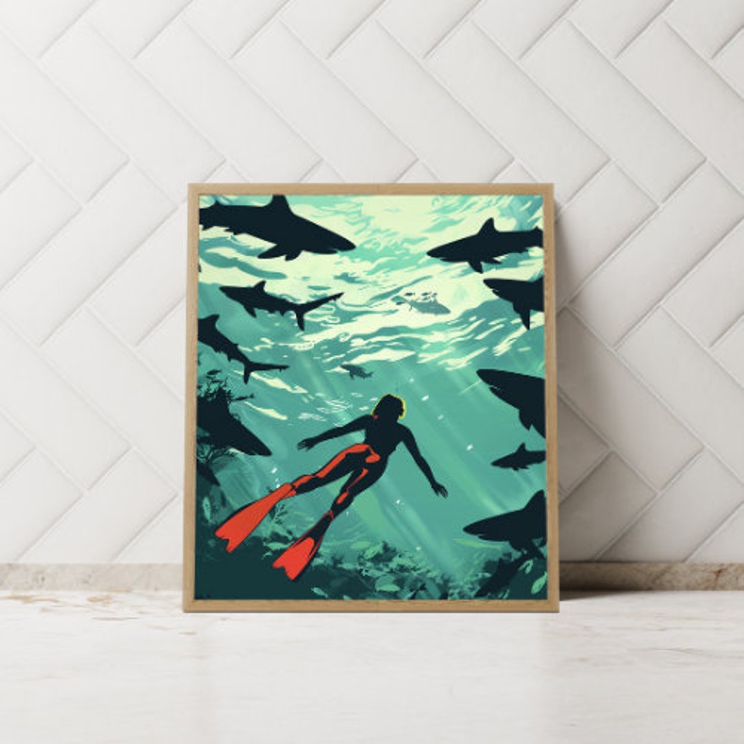 DIGITAL Woman Swimming With Sharks Design Illustration Artwork Download ...