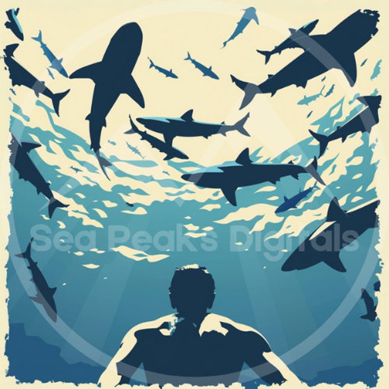DIGITAL Man Swimming With Sharks Design Illustration Artwork Download ...